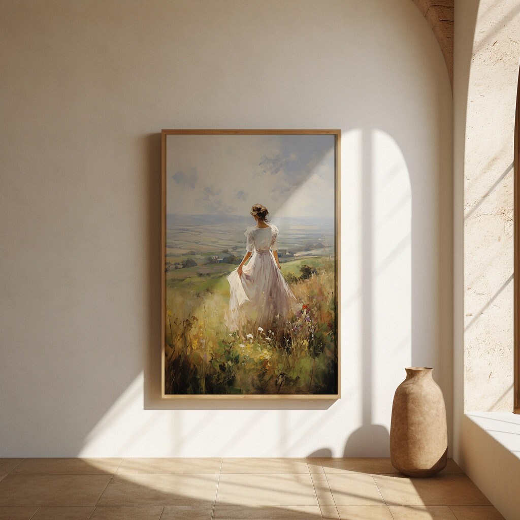 Vintage Woman in Wildflower Field Print Vintage Spring Wall Art Moody ...
