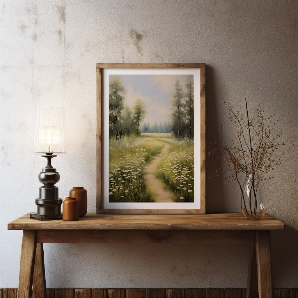 Printable Wildflower Field Landscape Vintage Painting, Moody Spring ...