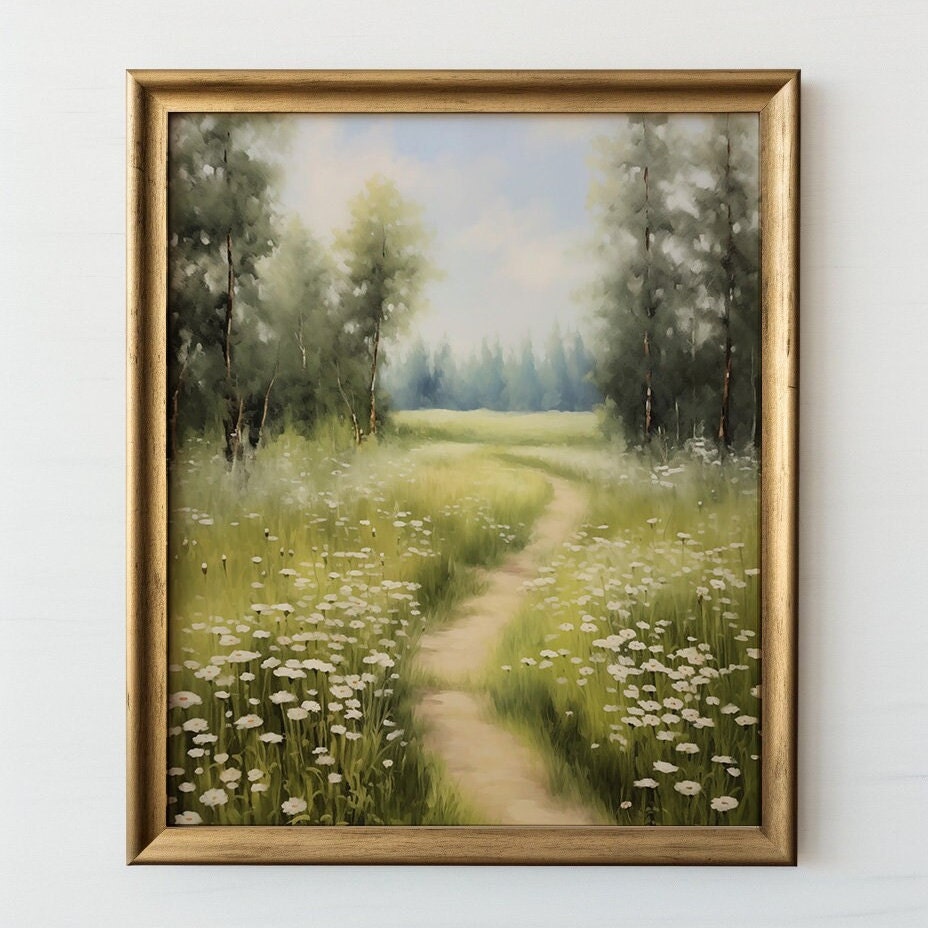 Printable Wildflower Field Landscape Vintage Painting, Moody Spring ...
