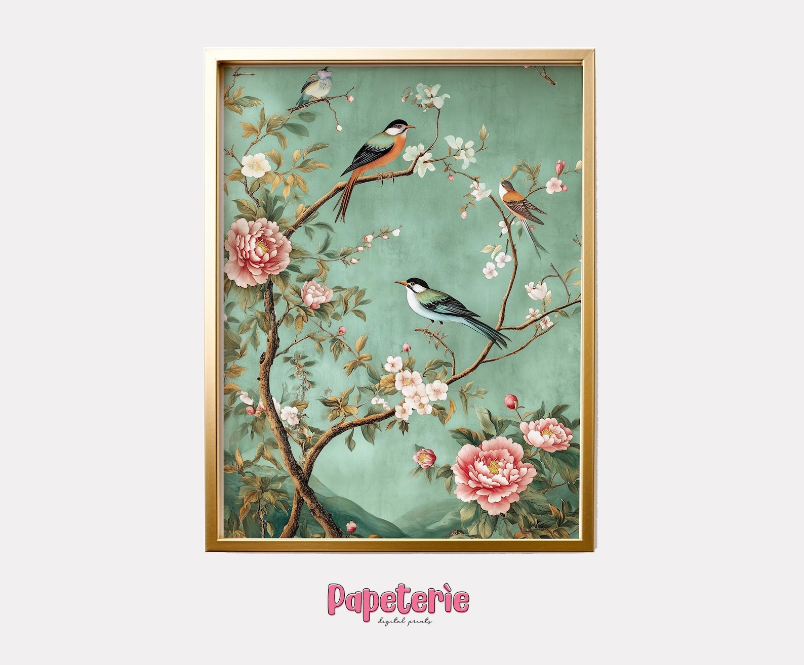 Green Chinoiserie Bird Print: Floral Japanese Wall Art (digital ...