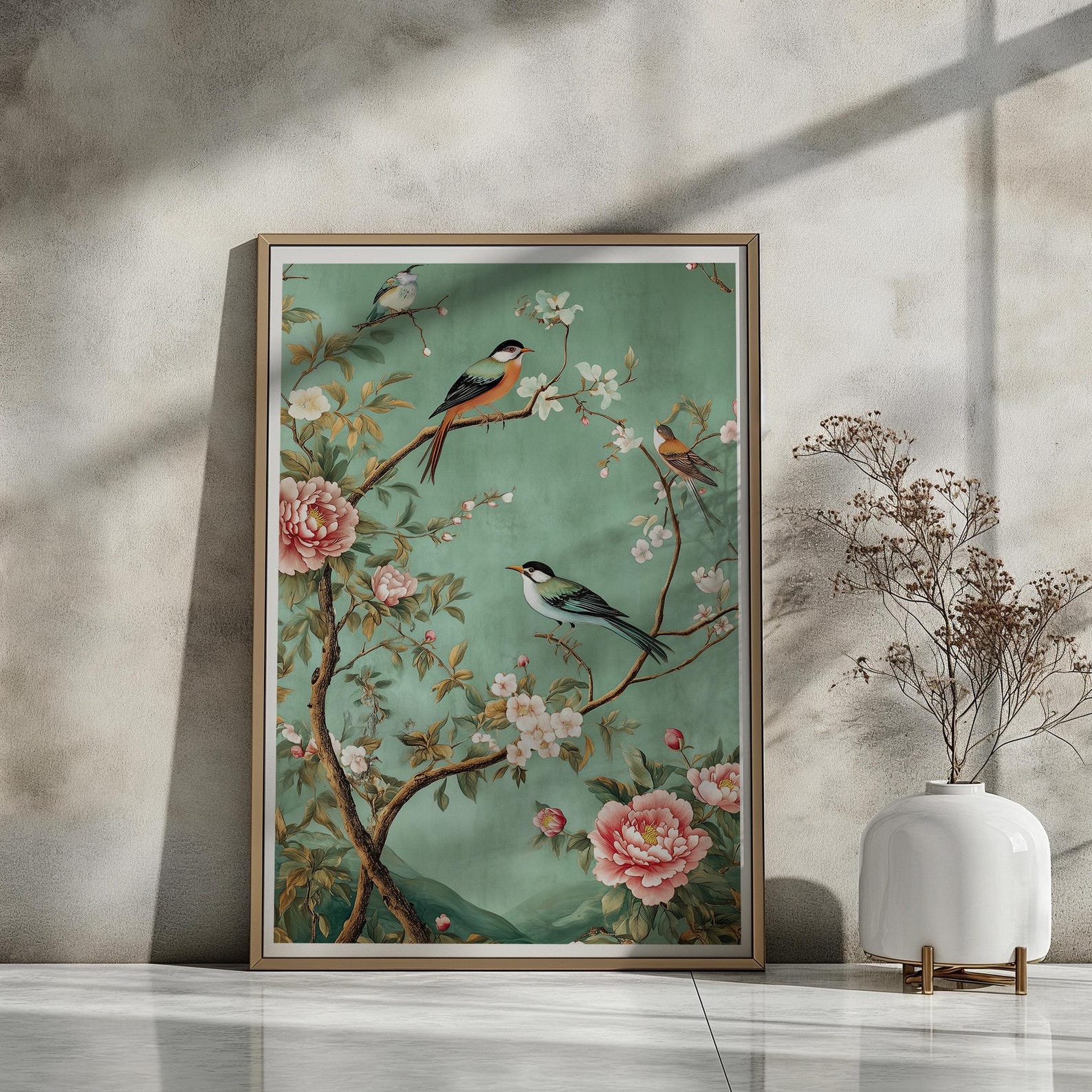 Green Chinoiserie Bird Print: Floral Japanese Wall Art (digital ...