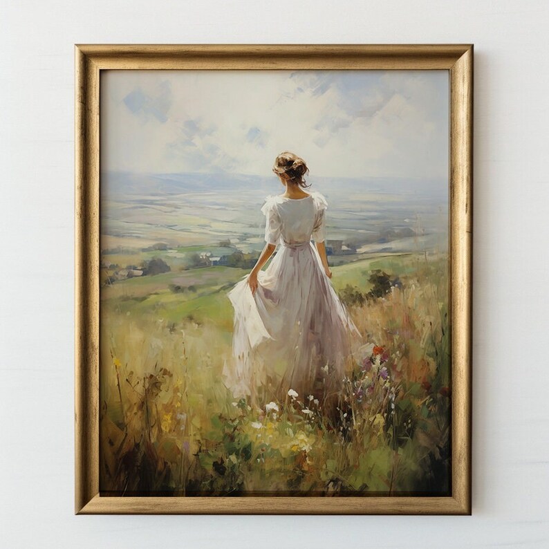 Vintage Woman in Wildflower Field Print: Spring Wall Art (digital ...