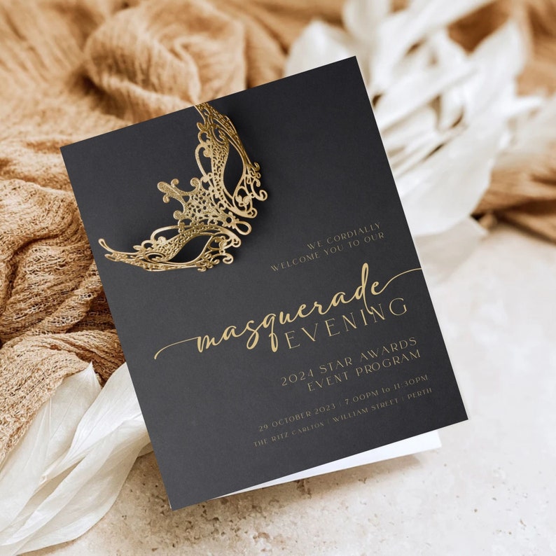 Black Gold Masquerade Party Program Template (instant Download) - Etsy