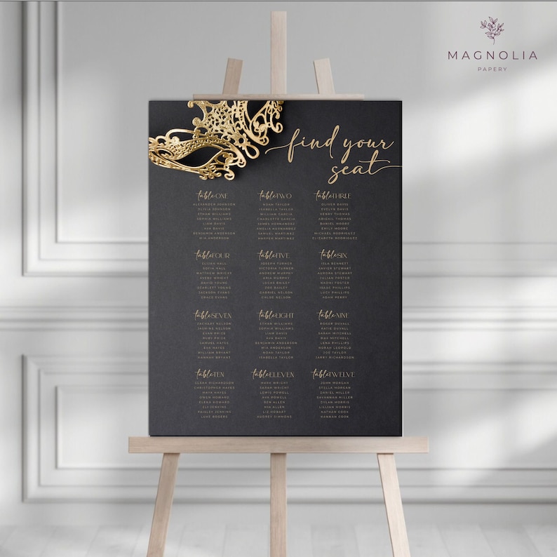 Black Gold Masquerade Party Seating Chart Sign Template INSTANT ...