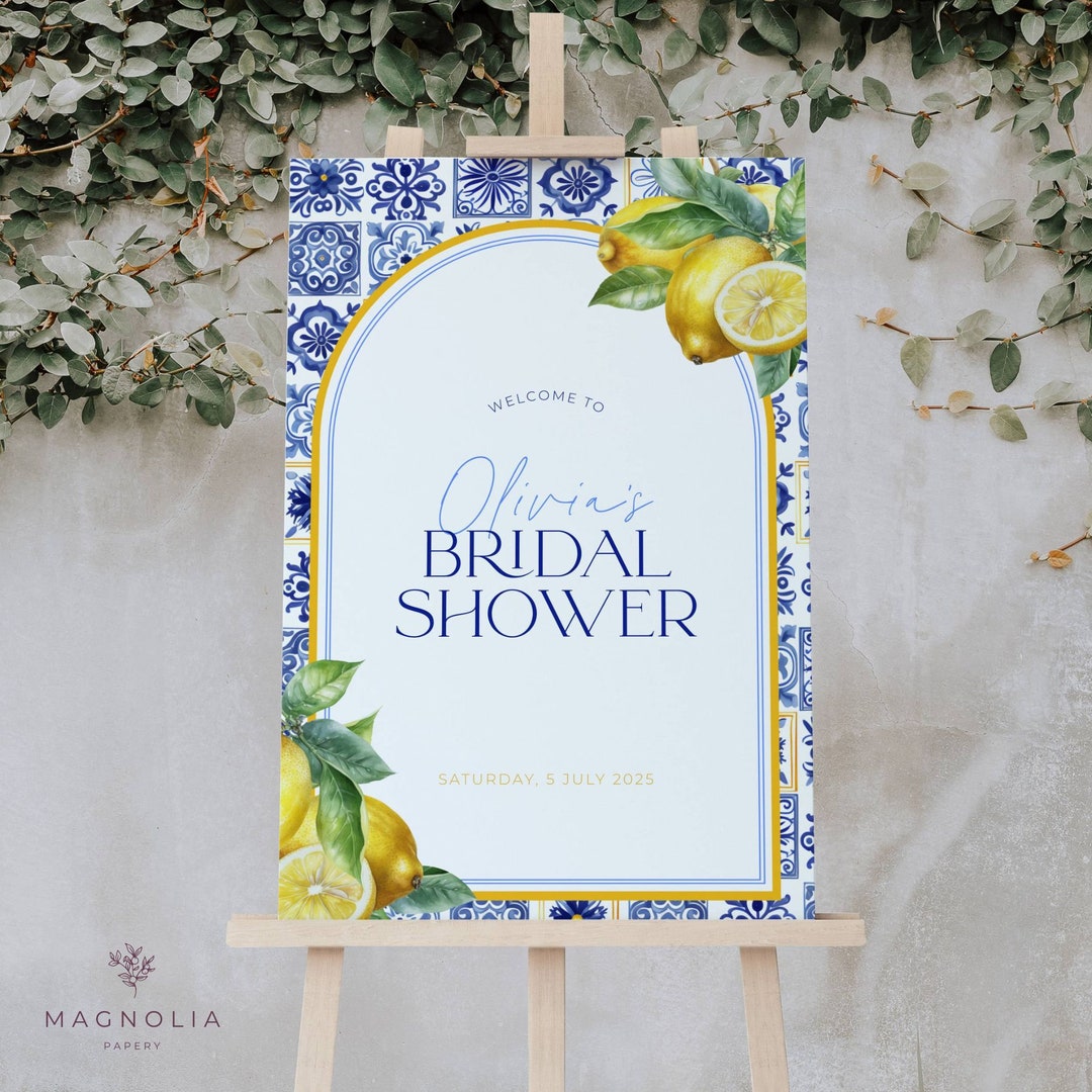 Amalfi Coast Mediterranean Blue Tiles Lemons Bridal Shower Welcome Sign ...