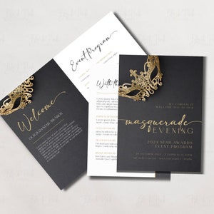 Black Gold Masquerade Party Program Template INSTANT DOWNLOAD Event Brochure, Masquerade Decor ...