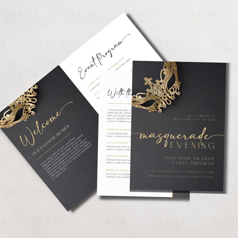 Black Gold Masquerade Party Program Template INSTANT DOWNLOAD Event Brochure, Masquerade Decor ...