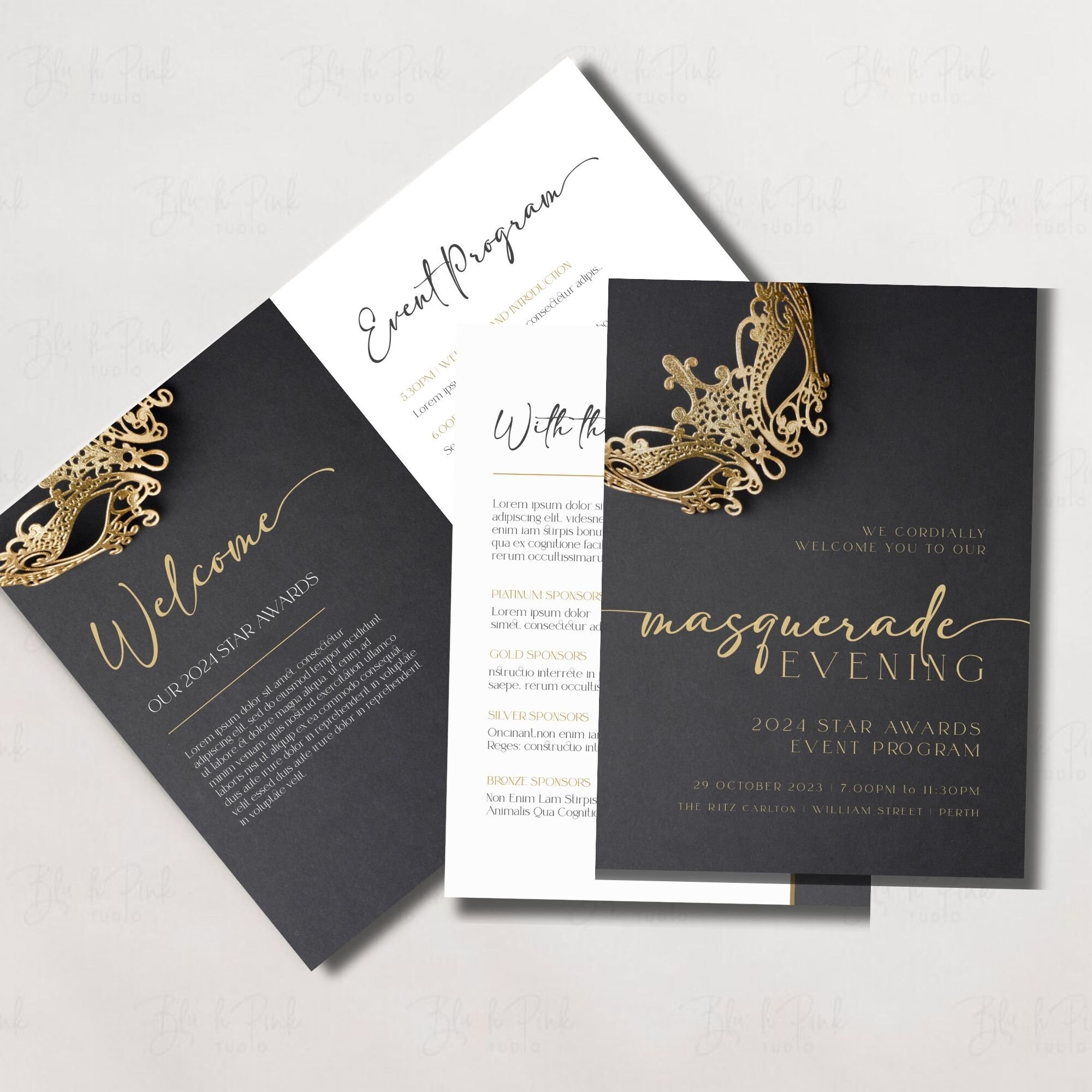 Black Gold Masquerade Party Program Template (instant Download) - Etsy