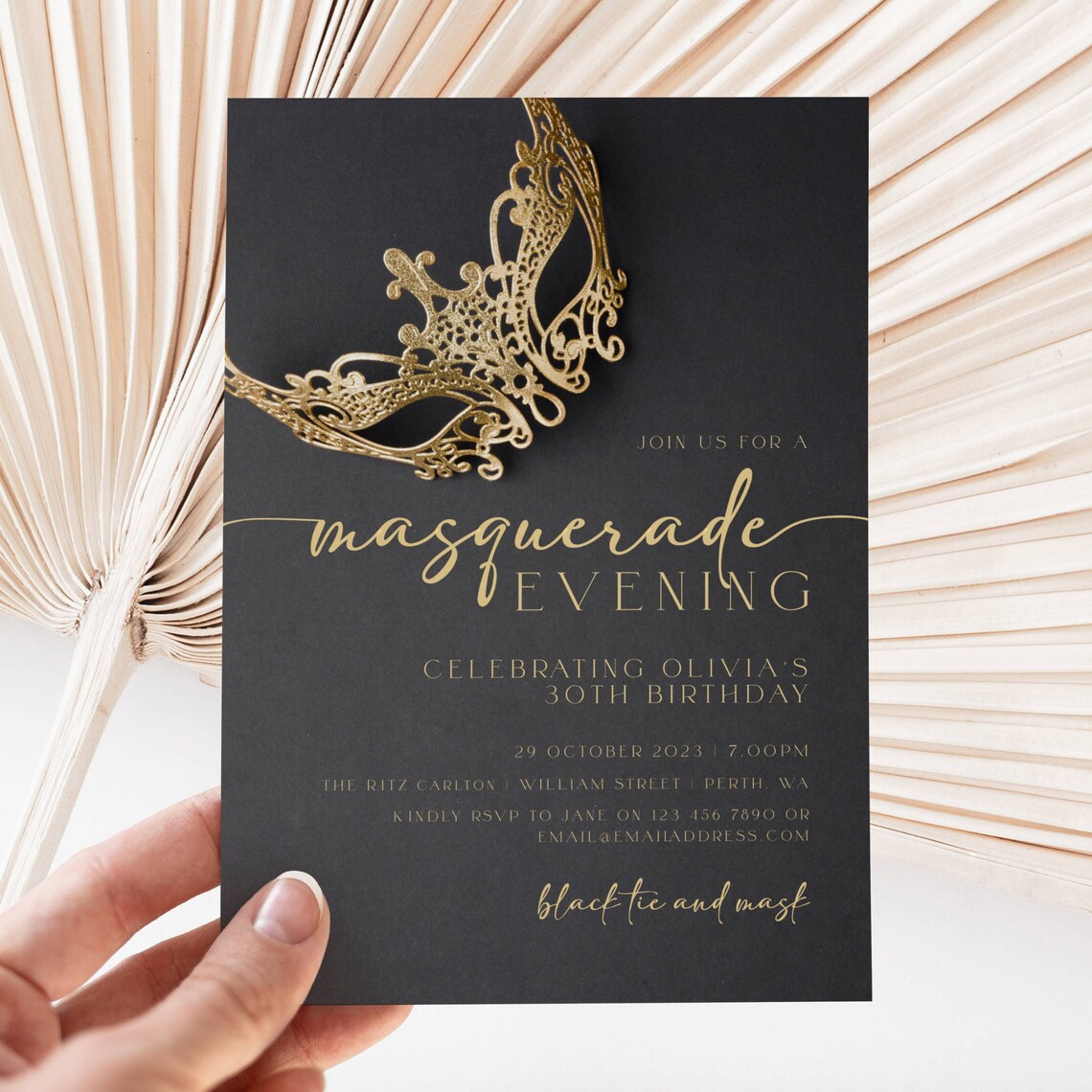 Black Gold Masquerade Party Invitation, Masquerade Birthday Party ...