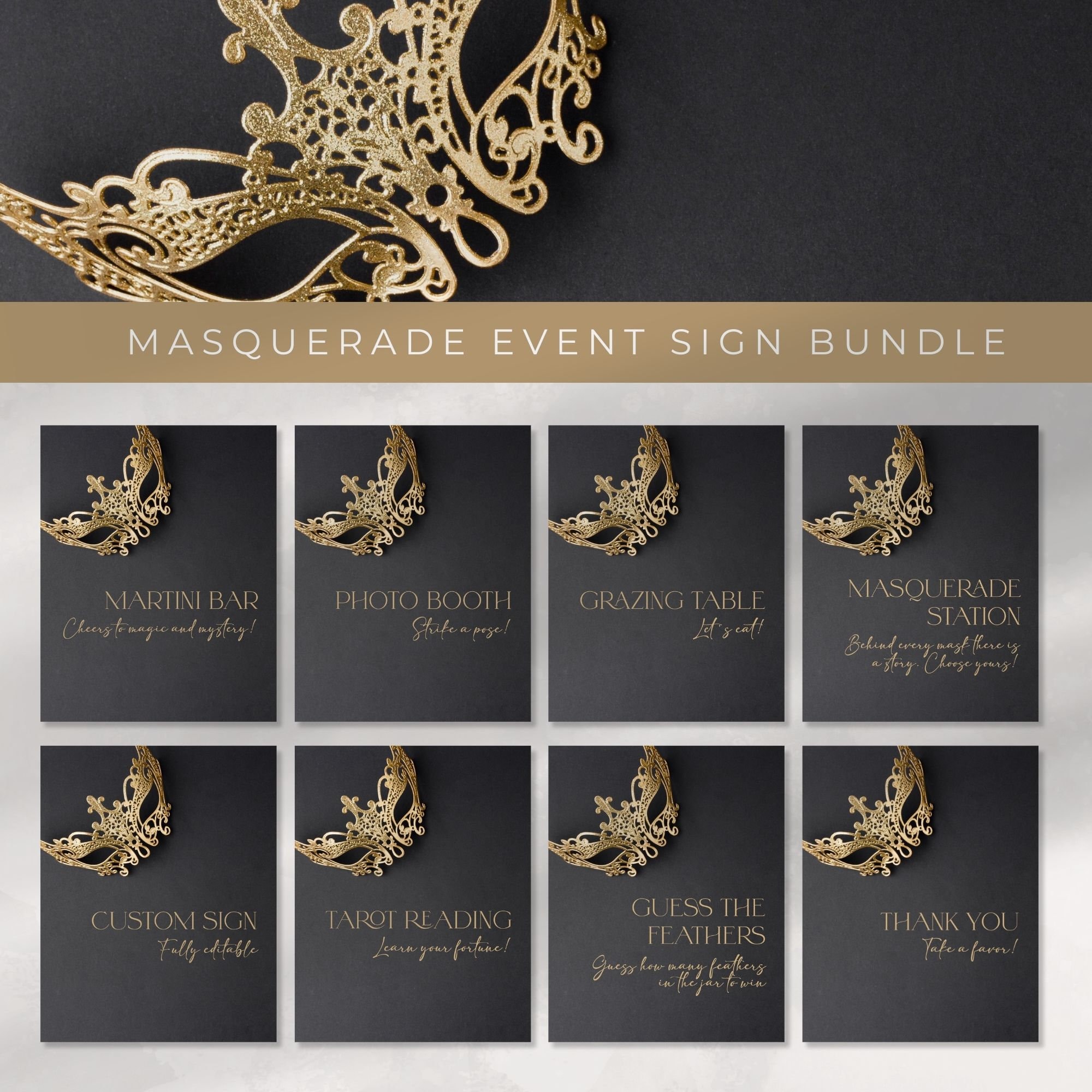 Black Gold Masquerade Party Sign Template Bundle INSTANT PRINTABLE ...