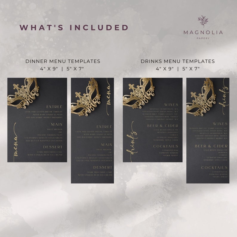 Black Gold Masquerade Party Menu Template INSTANT DOWNLOAD Dinner Menu ...