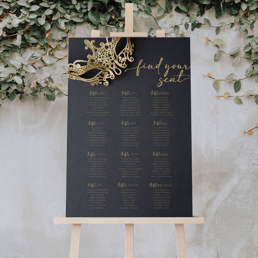 Black Gold Masquerade Party Seating Chart Sign Template INSTANT ...