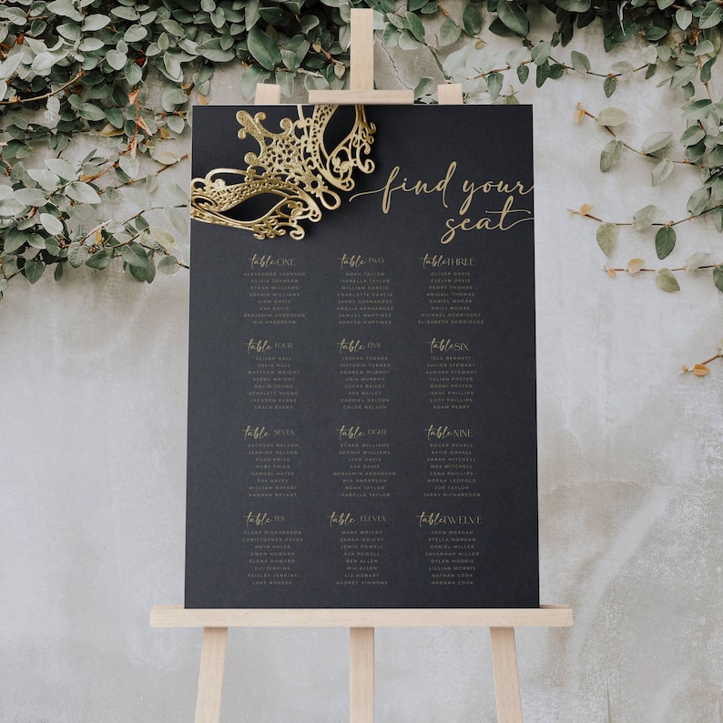 Black Gold Masquerade Party Seating Chart Sign Template INSTANT ...