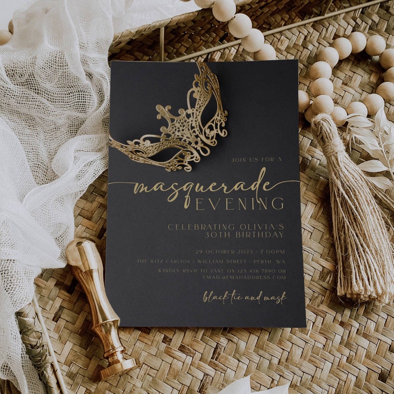 Black Gold Masquerade Party Invitation, Masquerade Birthday Party ...