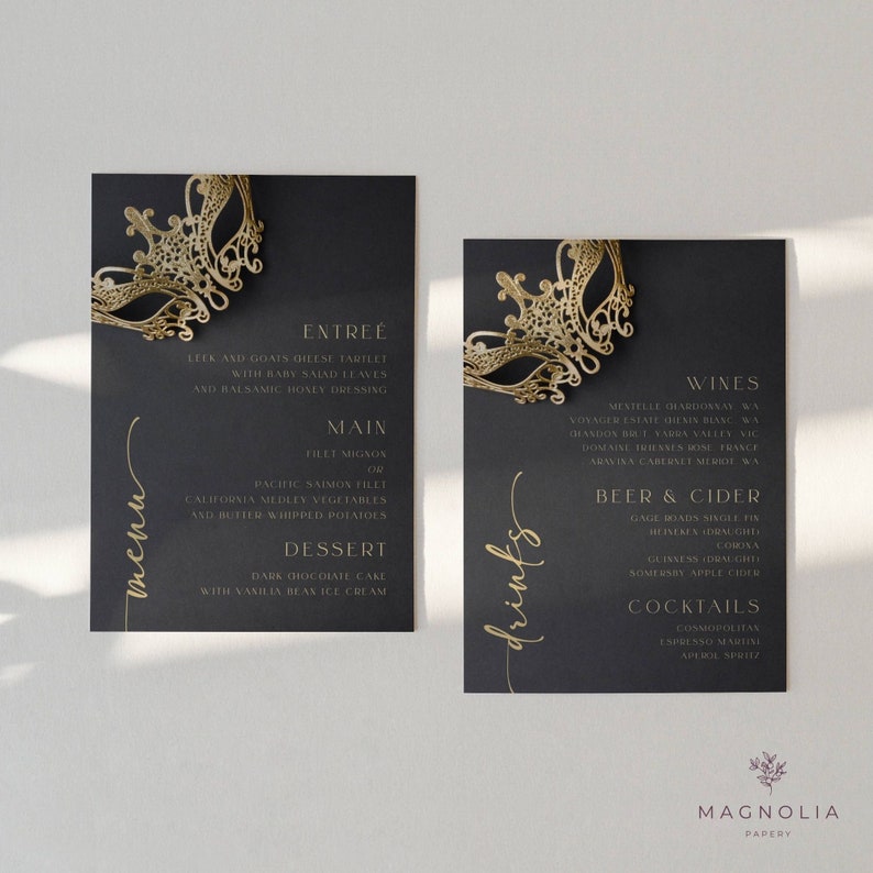Black Gold Masquerade Party Menu Template INSTANT DOWNLOAD Dinner Menu ...