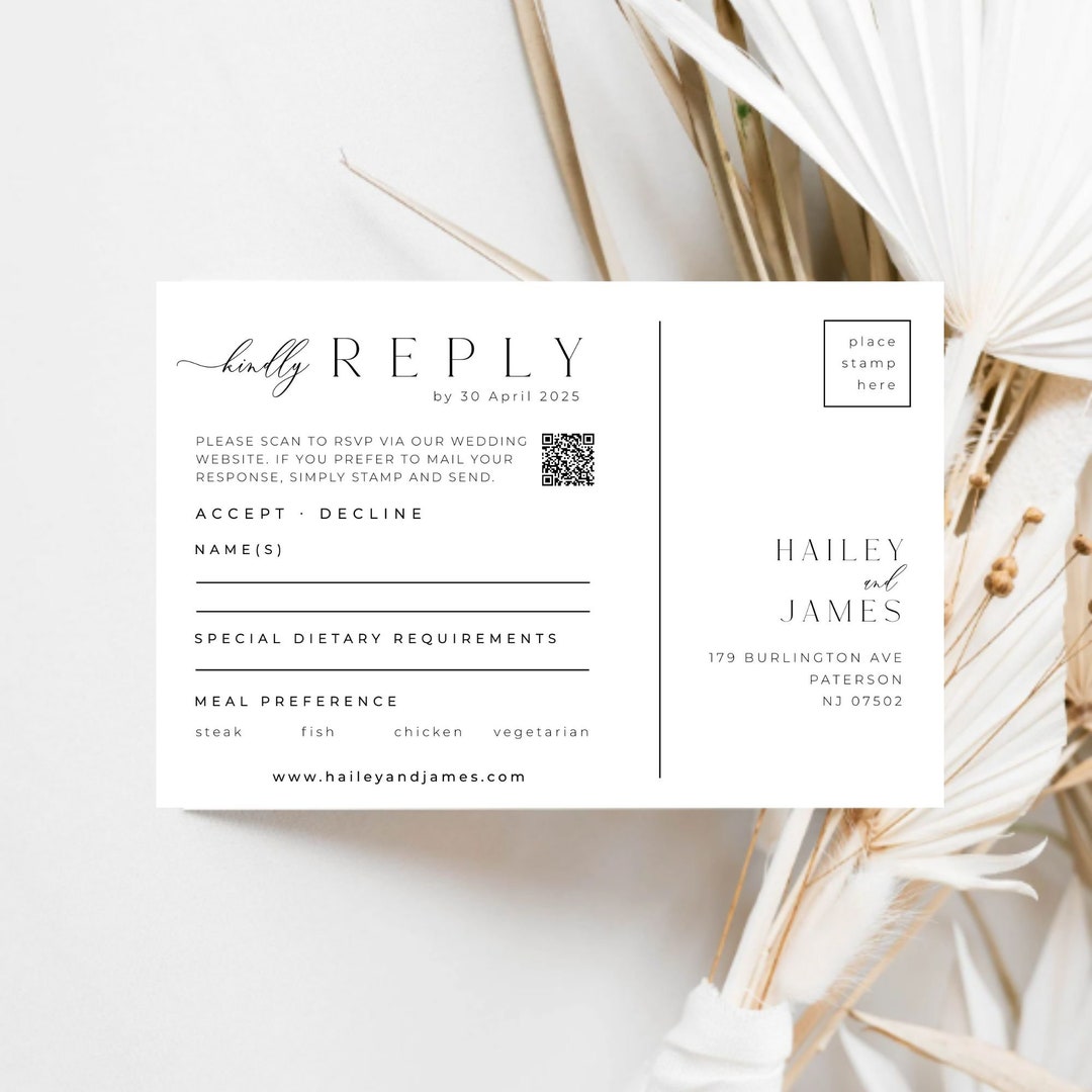 Modern RSVP QR Code Postcard, Minimalist Wedding Response Card, Wedding ...