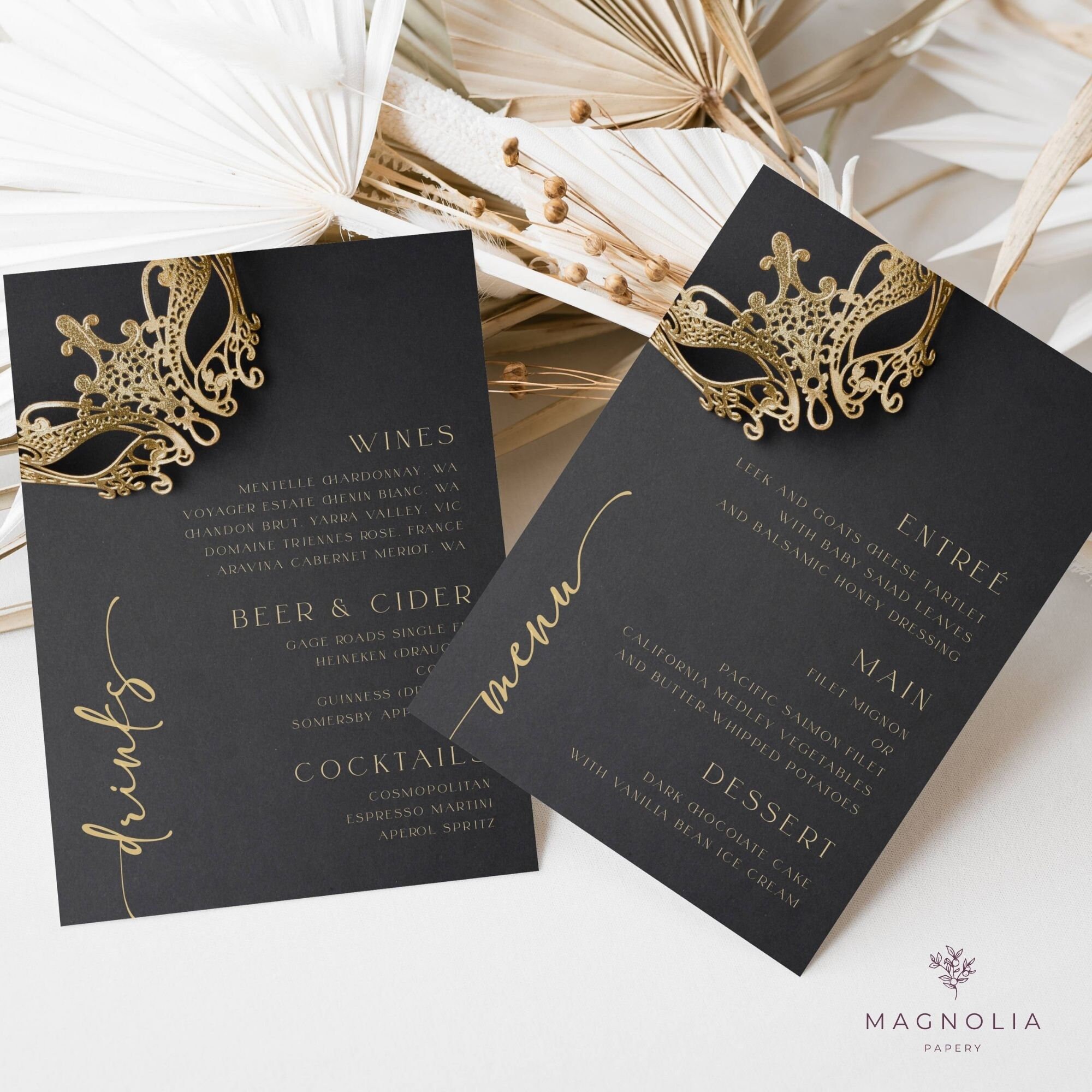 Black Gold Masquerade Party Menu Template INSTANT DOWNLOAD Dinner Menu ...