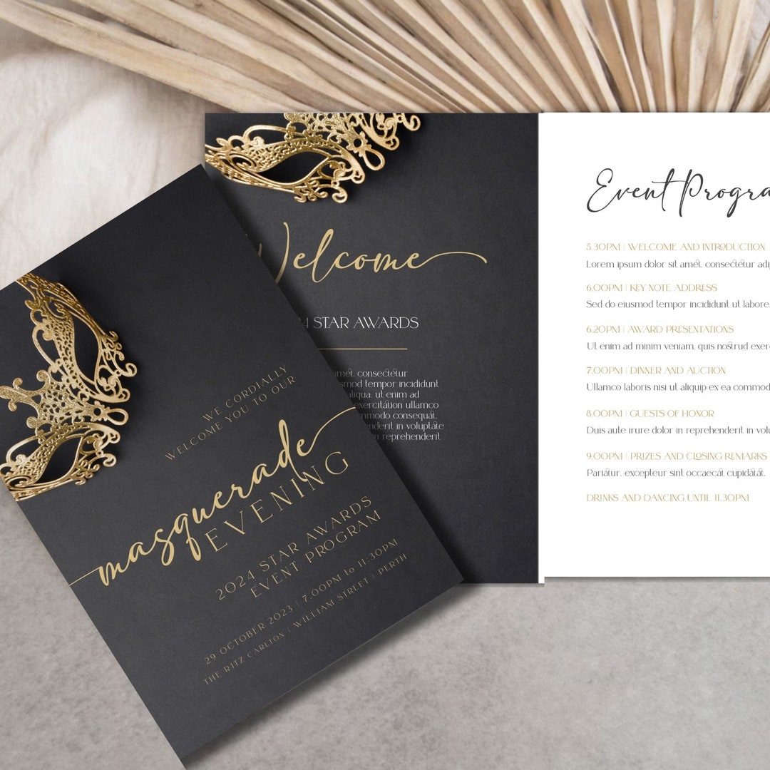 Black Gold Masquerade Party Program Template INSTANT DOWNLOAD Event Brochure, Masquerade Decor ...