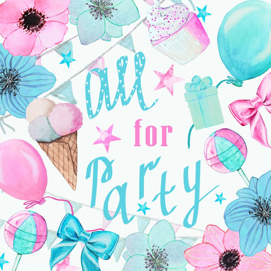 Watercolor Clipart Party, Happy Birthday Clipart, Flags Clipart ...