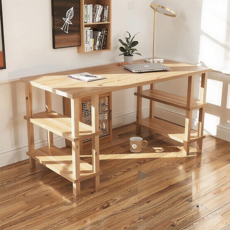 Modern Beech Wood Study Desk | Natural Wooden Workstation | Home Office ...