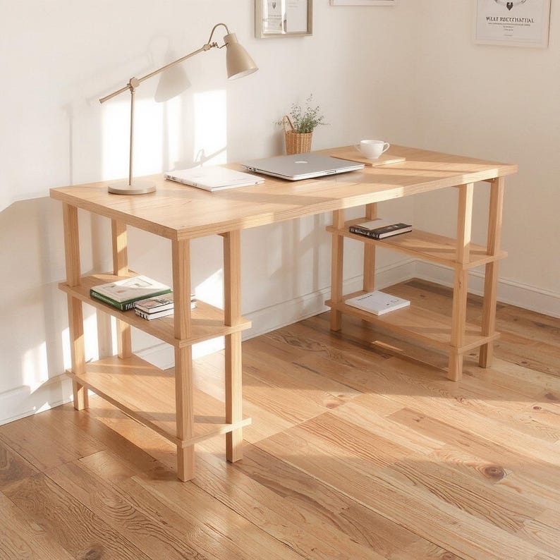 Modern Beech Wood Study Desk | Natural Wooden Workstation | Home Office ...