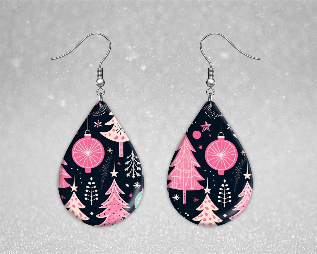 Pink Winter Teardrop Earrings – Handmade Lightweight Wooden Dangles – 1 ...