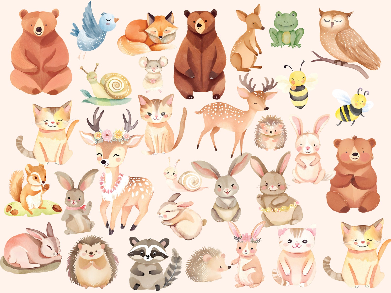 Woodland Animals Watercolor Clipart Bundle Card Making Cute Boho Doodle ...