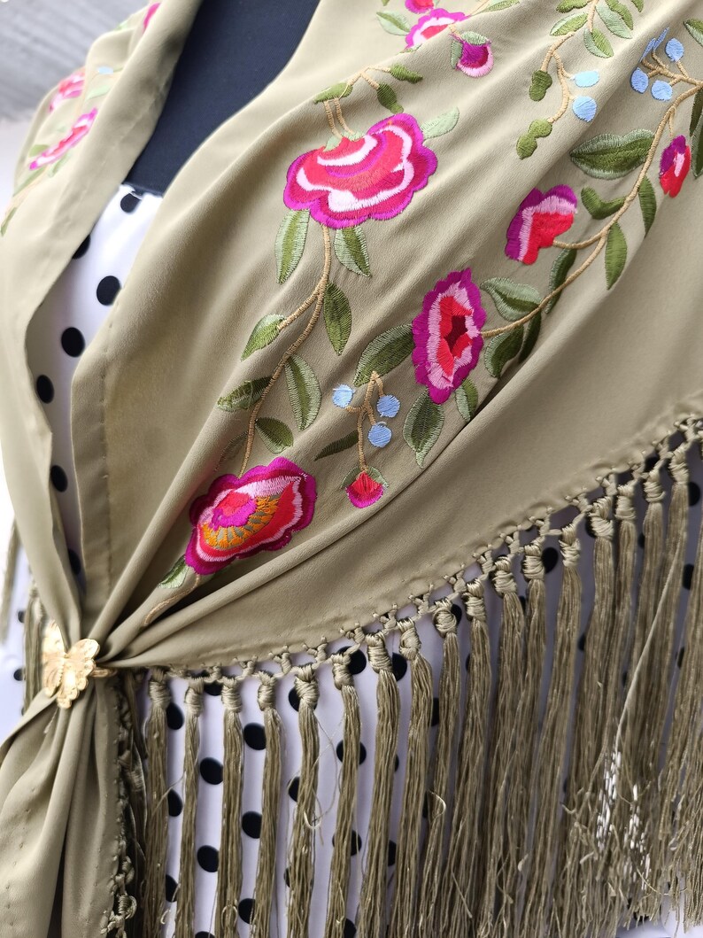Khaki Green Flamenco Shawl. Gypsy Shawl. Military Green Embroidered ...