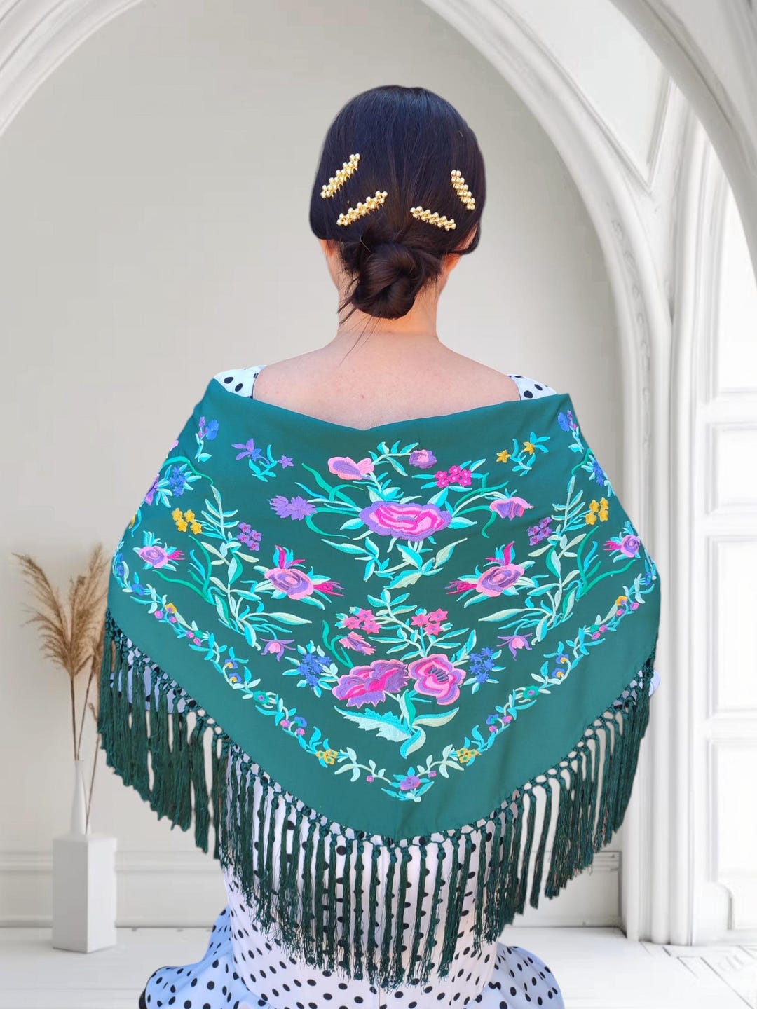 Bottle-green Flamenco Shawl. Small Flamenco Shawl. Embroidered Shawl ...