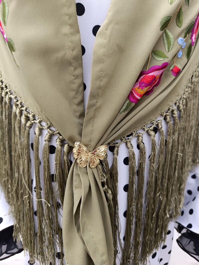 Khaki Green Flamenco Shawl. Gypsy Shawl. Military Green Embroidered ...