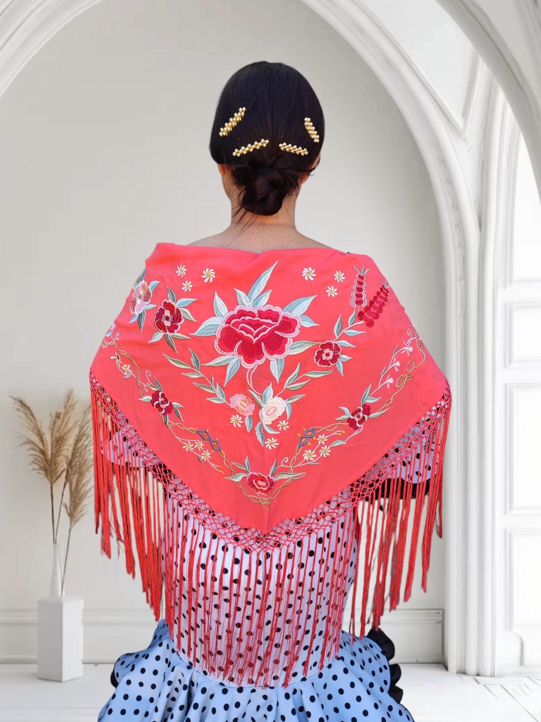Spanish Coral Flamenco Shawl. Embroidered Shawl. Fair Shawl. Andalusian ...