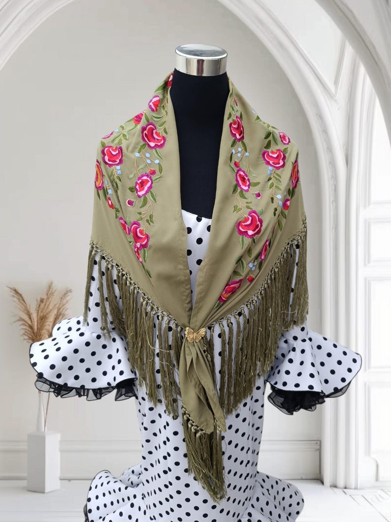 Khaki Green Flamenco Shawl. Gypsy Shawl. Military Green Embroidered ...