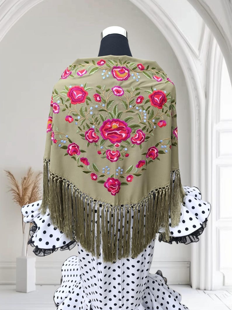 Khaki Green Flamenco Shawl. Gypsy Shawl. Military Green Embroidered ...