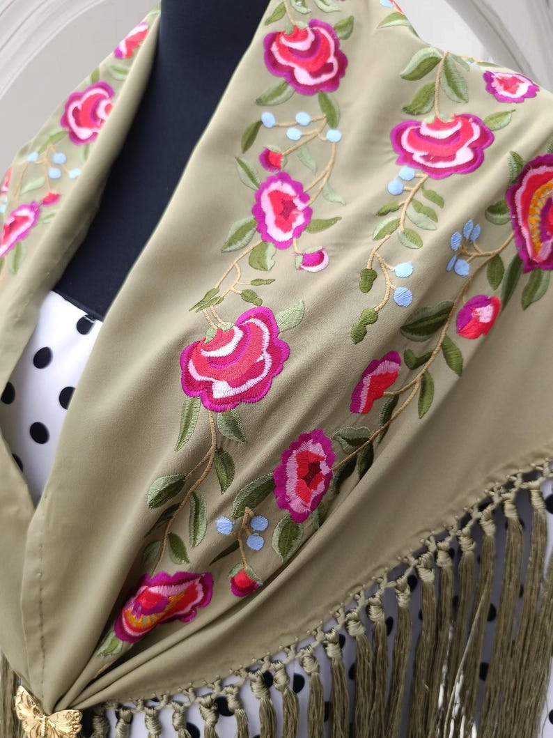 Khaki Green Flamenco Shawl. Gypsy Shawl. Military Green Embroidered ...