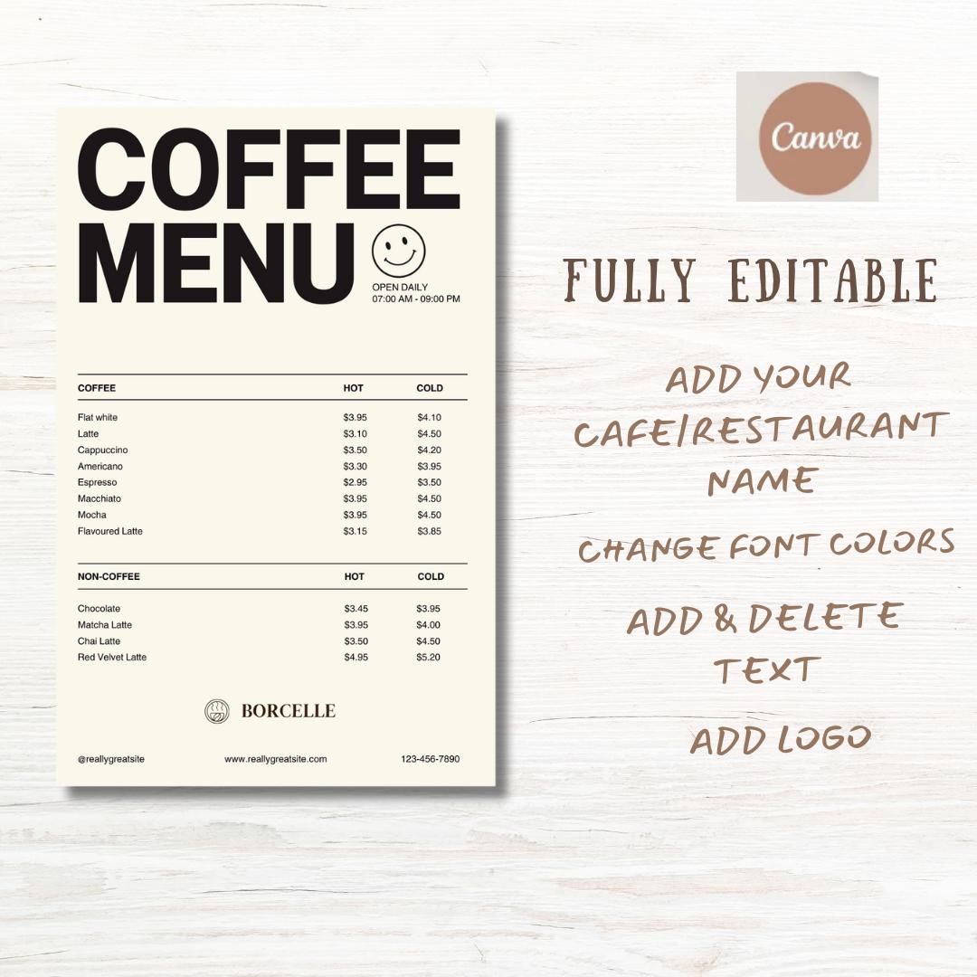 Aesthetic Cafe Menu Cards Printable, Minimalist Menu Template ...