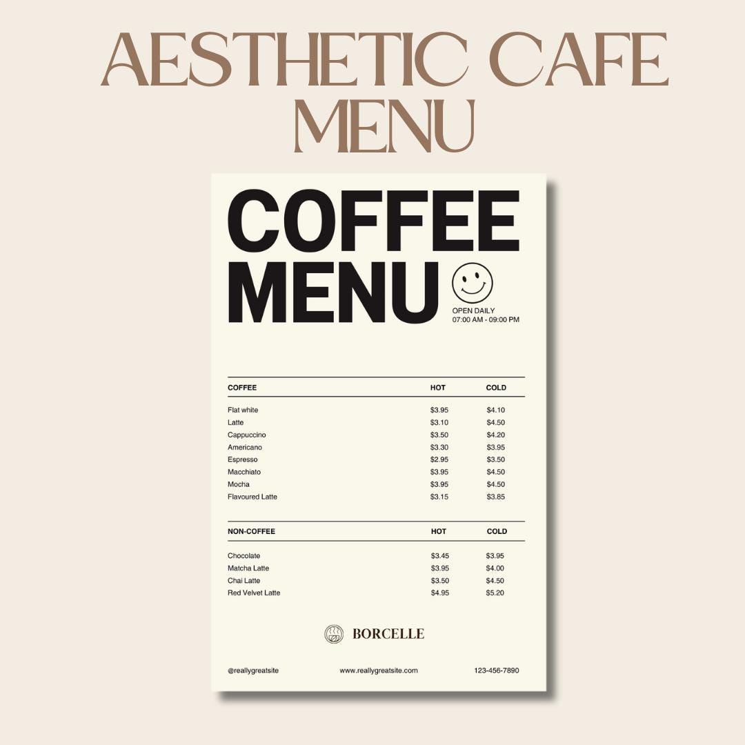 Aesthetic Cafe Menu Cards Printable, Minimalist Menu Template ...