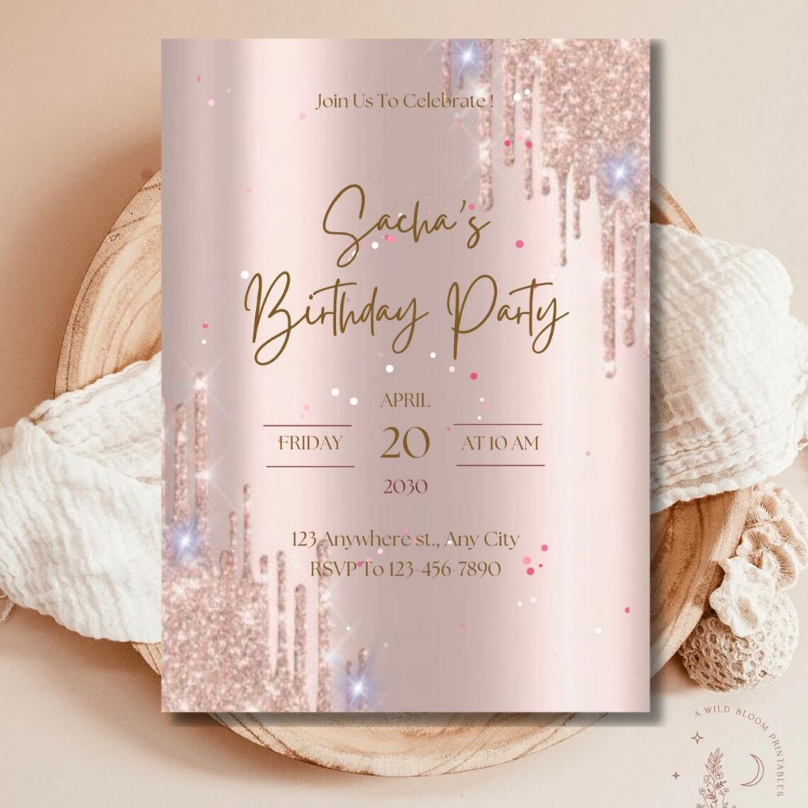 Pink Glitter Drip Birthday Invitation Pastel Glitter Sprinkles Pastel ...