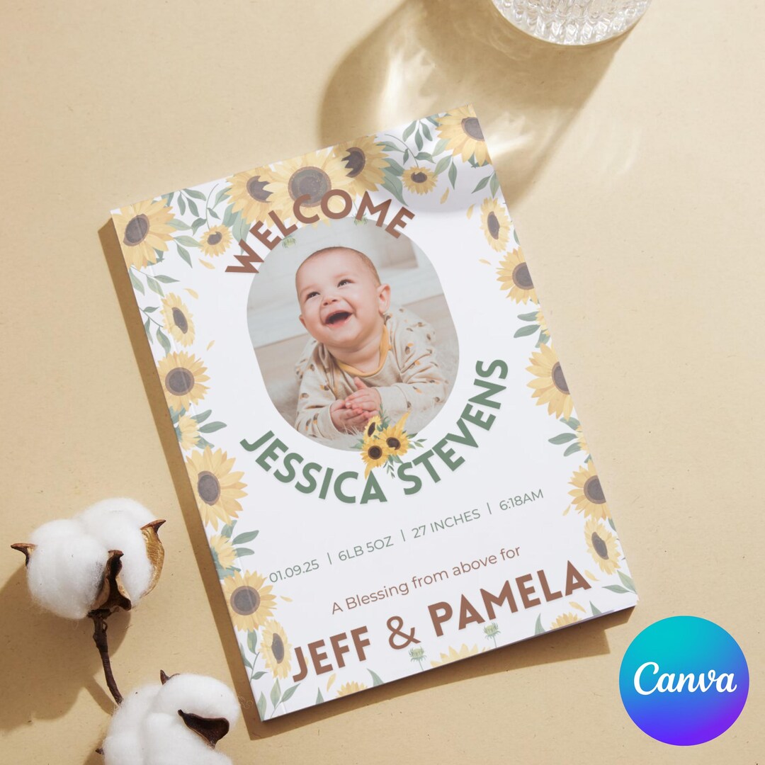 Editable Birth Announcement Template, Neutral Sunflower Baby ...