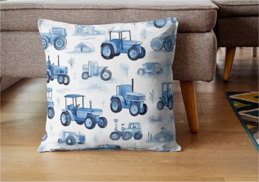 Blue Tractor Pillow Cover: Cartoon Farmhouse Decor, Boys Room, Farmer ...