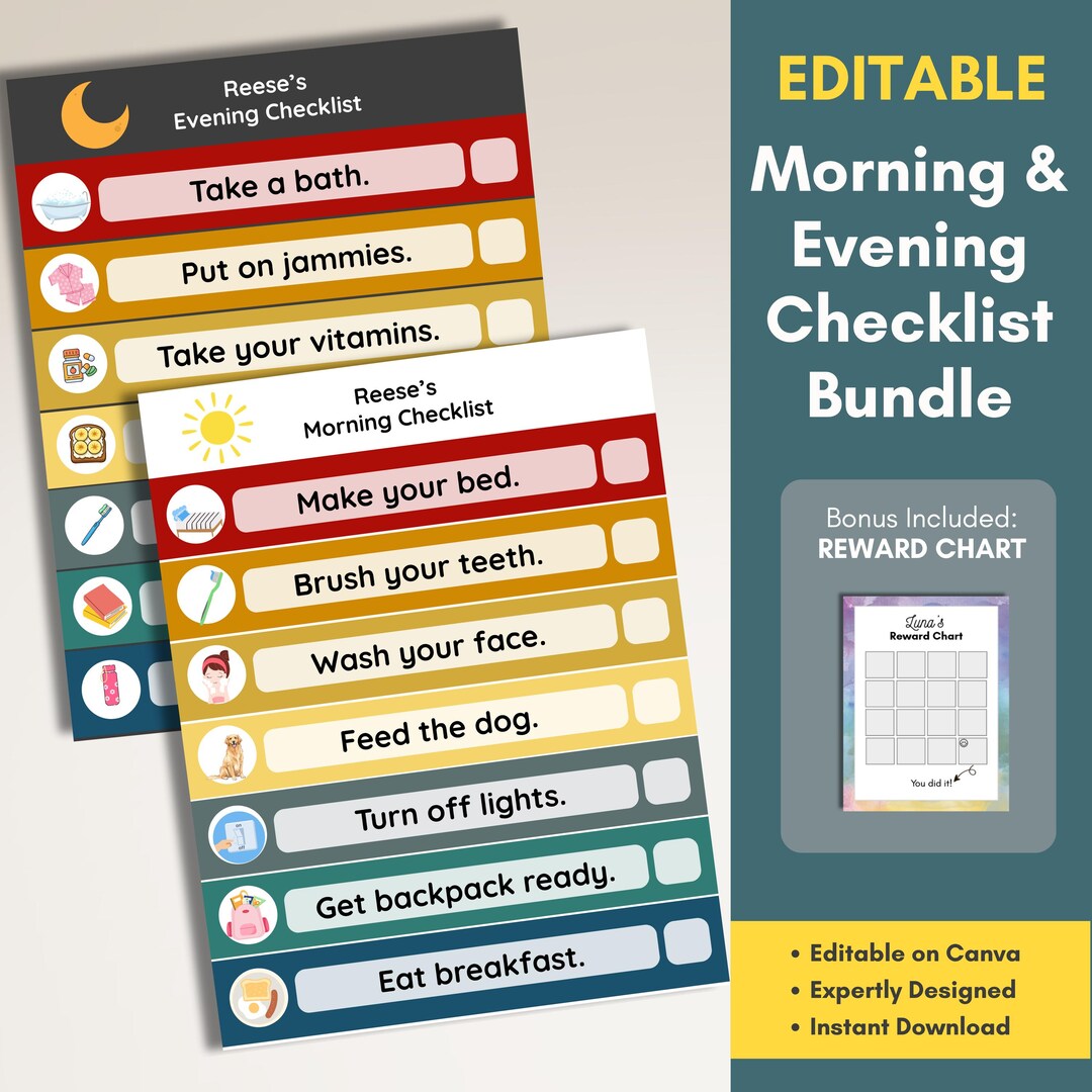 Kids' Morning & Evening Routine Checklist Bundle | Rainbow Theme ...