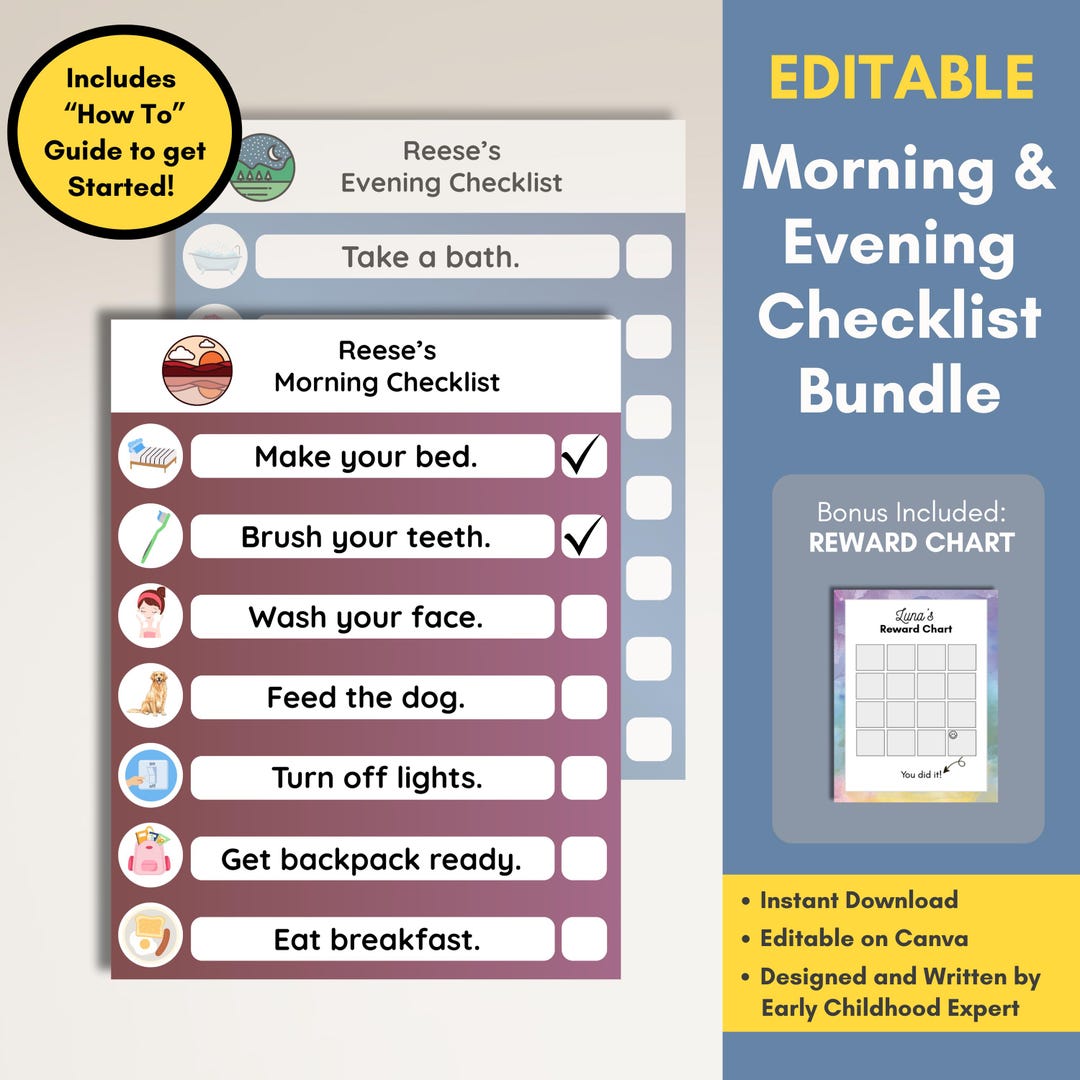 Kids' Morning & Evening Routine Checklist Bundle | Red and Blue Theme ...
