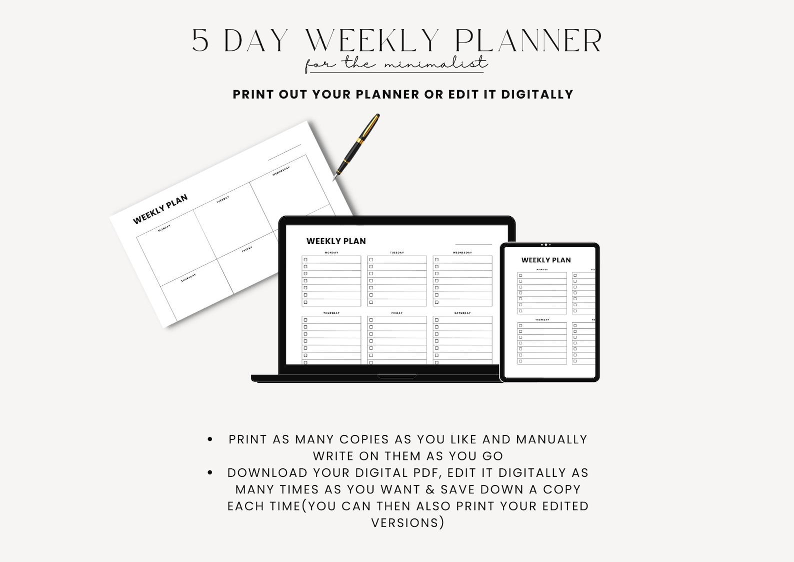 5 Day Weekly Planner Printable, Minimalist Weekly Schedule, Weekly ...