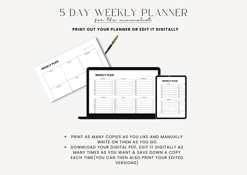 5 Day Weekly Planner Printable, Minimalist Weekly Schedule, Weekly ...