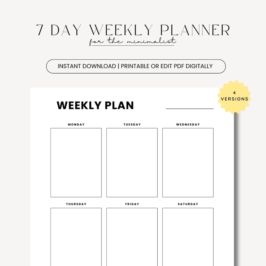 7 Day Weekly Planner Printable, Minimalist Weekly Schedule, Weekly ...