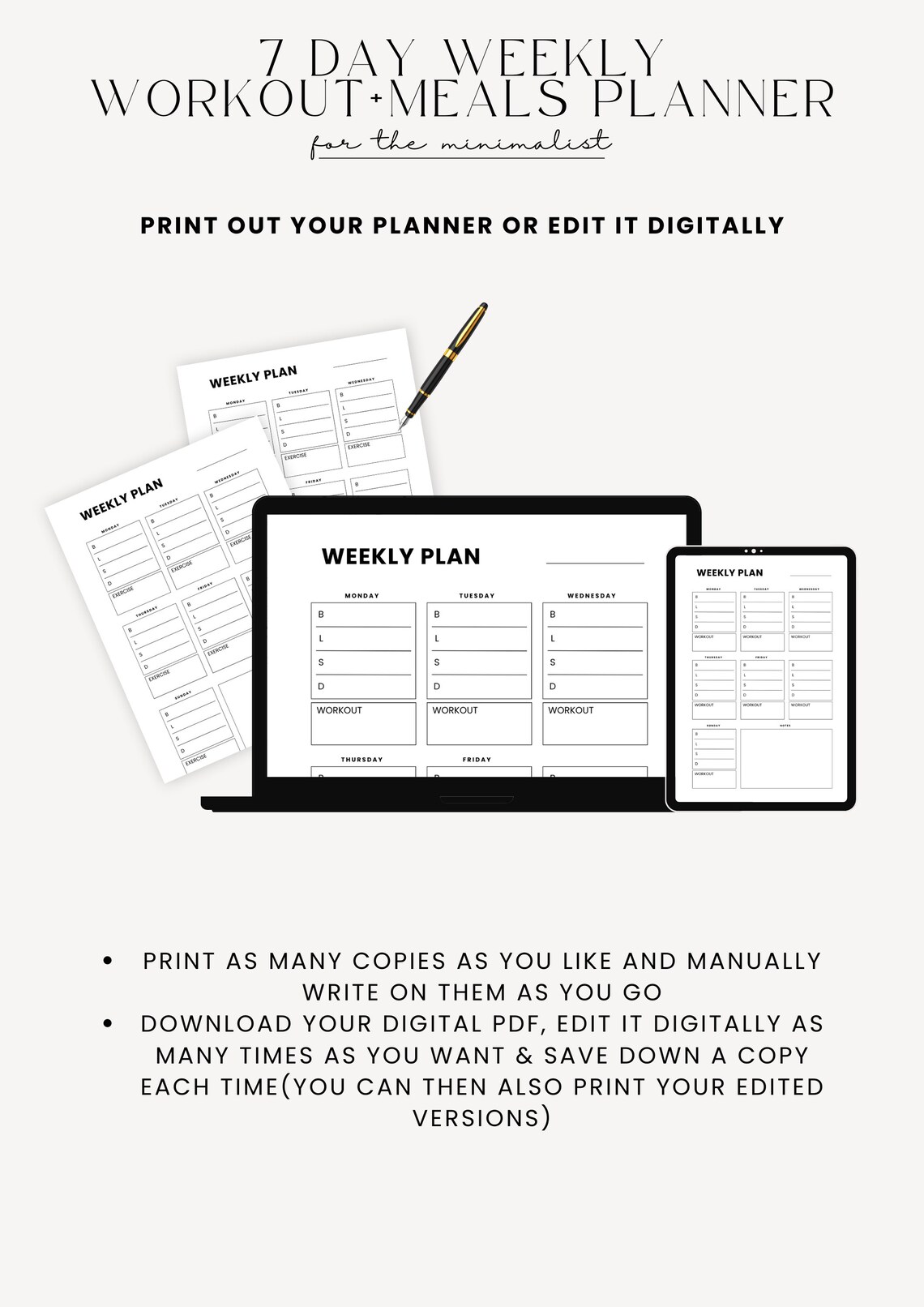 Weekly Workout and Meal Planner Printable, 7 Days Fitness Planner ...