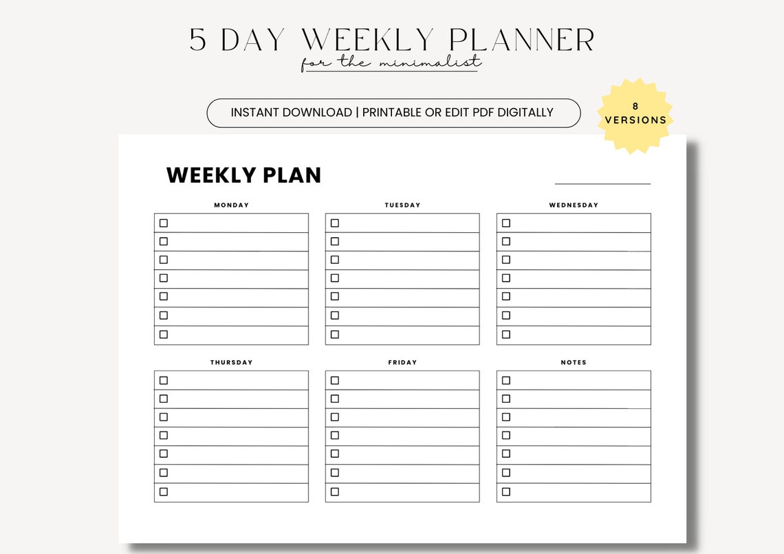 5 Day Weekly Planner Printable, Minimalist Weekly Schedule, Weekly ...