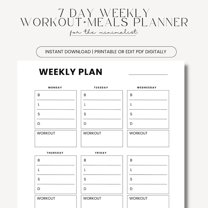 Weekly Workout and Meal Planner Printable, 7 Days Fitness Planner ...
