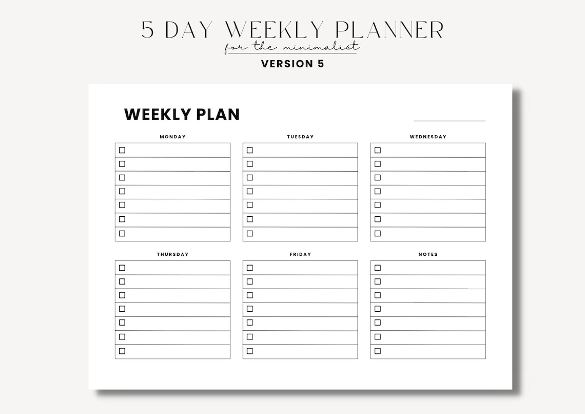 5 Day Weekly Planner Printable, Minimalist Weekly Schedule, Weekly ...