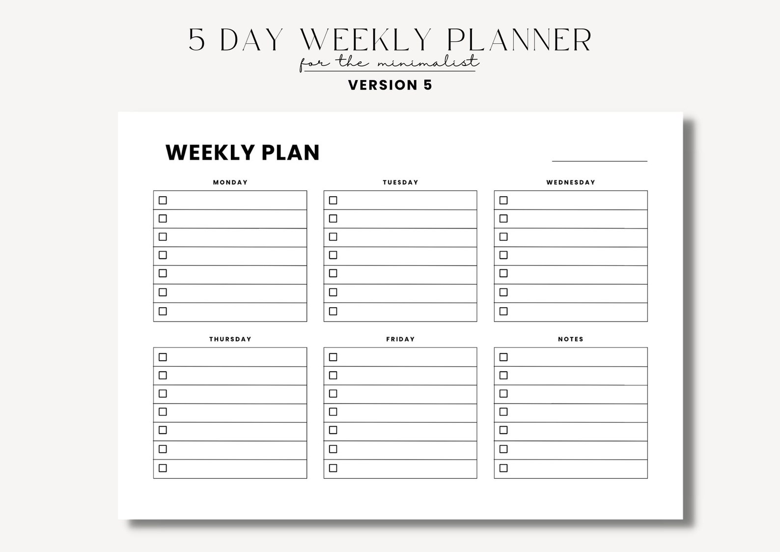 5 Day Weekly Planner Printable, Minimalist Weekly Schedule, Weekly ...