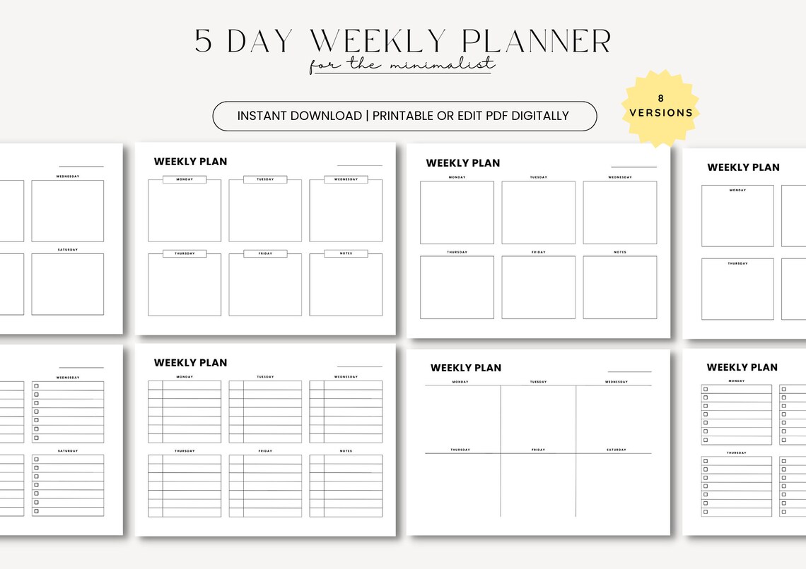 5 Day Weekly Planner Printable, Minimalist Weekly Schedule, Weekly ...